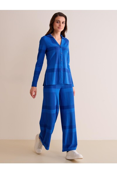 Kadın Mavi Beli Lastikli Ispanyol Paça Örme Pantolon