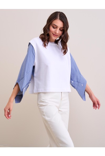 Kadın Beyaz Düz Kesim Bisiklet Yaka Gömlek Kollu Sweatshirt