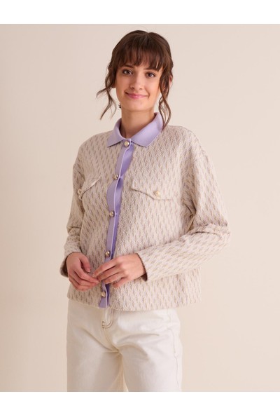 Kadın Mor Düz Kesim Gömlek Yaka Desenli Cepli Örme Ceket