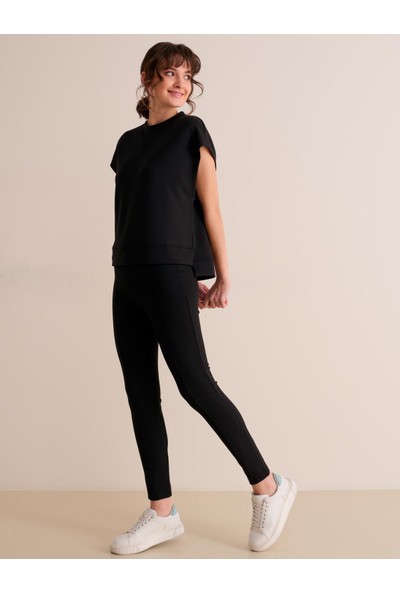 Kadın Siyah Normal Bel Düz Kesim Biyeli Örme Tayt