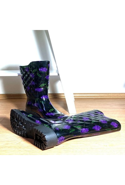 Kadın Siyah Uzun Çiçekli Yağmur Çizmesi