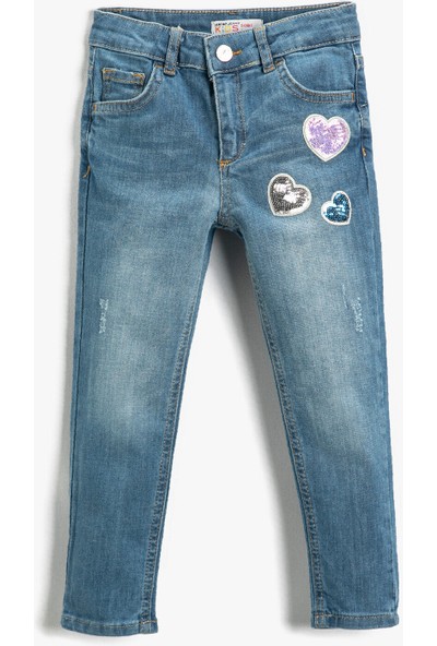Koton Kız Çocuk Kalpli Pul Payet Detaylı Dar Paça Kot Pantolon Pamuklu