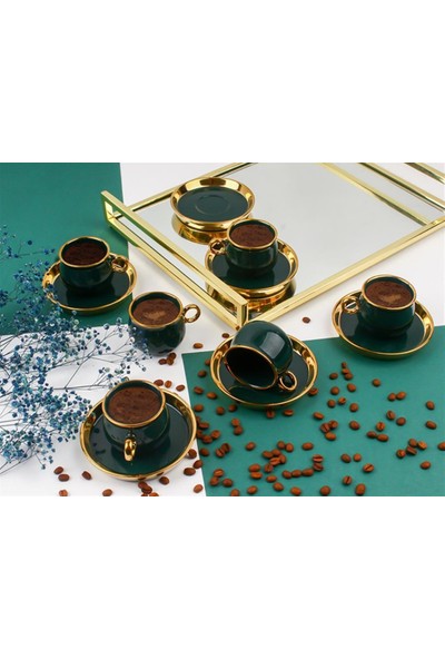 Sembol Tombul Gold Şeritli Yeşil 6 Kişilik Porselen Kahve Fincan Takımı Btt-30 Sembol Tombul Gold Şeritli Yeşil 6 Kişilik Porselen Kahve Fincan Takımı Btt-30