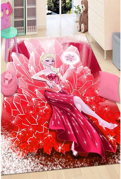 Benalya Dijital Baskılı Kaymaz Taban Yıkanabilir Elsa Desenli Kırmızı Renkli Çocuk Halısı BA00510