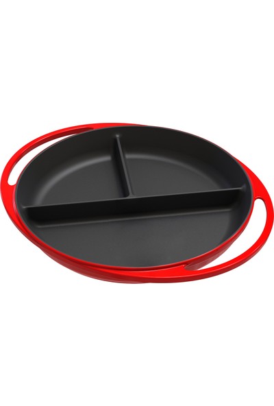 Lava Döküm Üç Bölmeli, Yuvarlak ÇAP(Ø)24CM. Kulplu, Sahan, Kırmızı