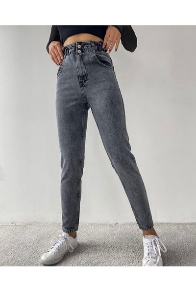 Kadın Gri Yüksek Bel Kar Yıkama Beli Lastikli Mom Jeans