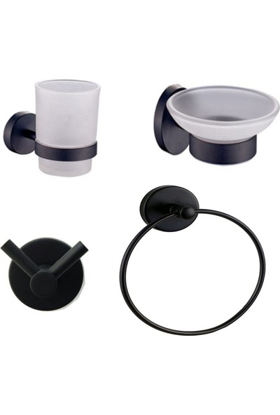 Fndhome Siyah Banyo 4 Lü Set Diş Fırçalık, Sabunluk, Askılık, Yuvarlak Havluluk