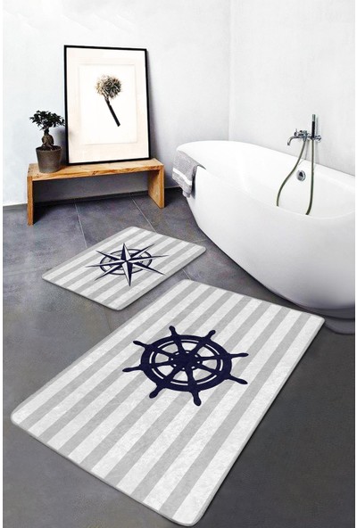 RealHomes Gri Çizgili Pusula & Dümen Tasarımlı 2'li Kaymaz Tabanlı Banyo & Mutfak Paspas Takımı RealHomes Gri Çizgili Pusula & Dümen Tasarımlı 2'li Kaymaz Tabanlı Banyo & Mutfak Paspas Takımı