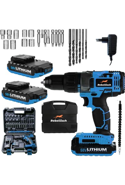 Rebellisch Germany 58 V 8 Ah Kraft Series Darbeli Metal Şanzıman Çift Akülü Vidalama Matkap + 27 Parça Setli Rebellisch Germany 58 V 8 Ah Kraft Series Darbeli Metal Şanzıman Çift Akülü Vidalama Matkap + 27 Parça Setli