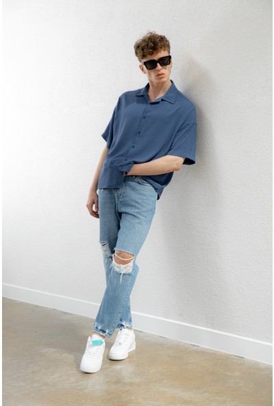 Abluka Online Oversize Basic Kısa Kollu Gömlek Indigo