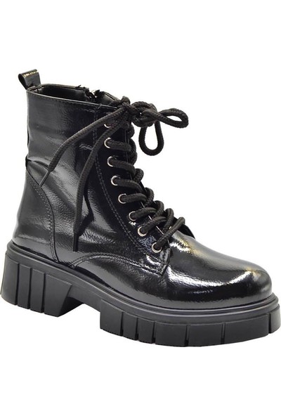 Duygushoesbag Kadın Kırışık Rugan Fermuarlı Bağcıklı Bot