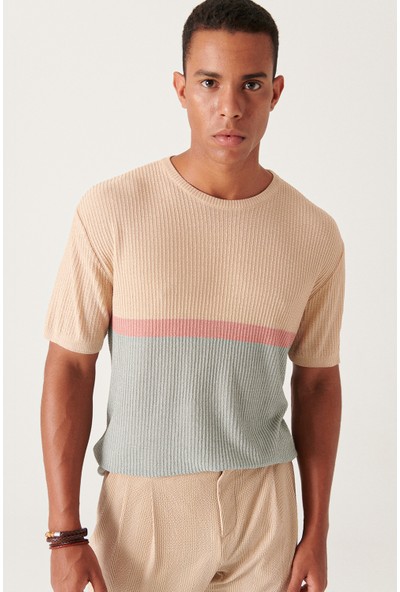 Avva Erkek Bej-Gri Bisiklet Yaka Çizgili Kısa Kol Kazak A21Y5025