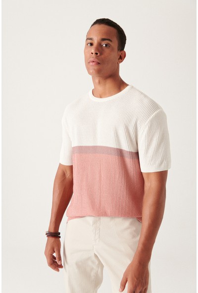 Avva Erkek Ekru-Gül Kurusu Bisiklet Yaka Çizgili Kısa Kol Kazak A21Y5025