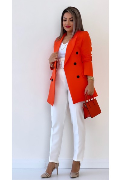 Seda Fidan Butik Atlas Kruvaze Blazer Ceket Turuncu Seda Fidan Butik Atlas Kruvaze Blazer Ceket Turuncu