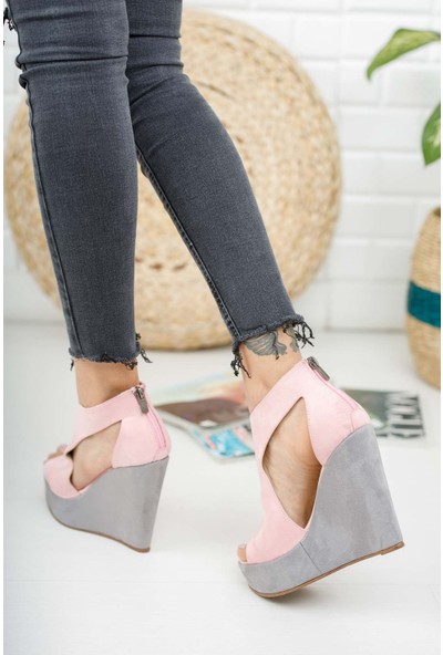 udbyswoman Maya Pudra Gri Süet Dolgu Topuklu Ayakkabı