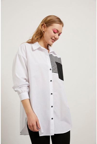 Armalife 61409 Cebi Çizgi Garnili Oversize Terry Kadın Gömlek Armalife 61409 Cebi Çizgi Garnili Oversize Terry Kadın Gömlek