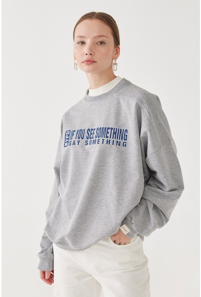 Suud Collection Gri Melanj Baskılı Oversize Sweatshirt