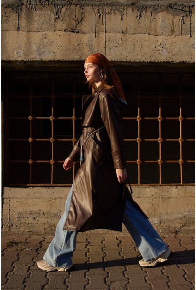 Suud Collection Kahverengi Deri Vintage Trençkot