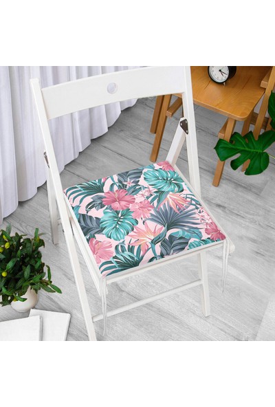RealHomes Pembe Zeminde Canlı Tropik Yaprakları Dijital Baskılı Fermuarlı Sandalye Minderi