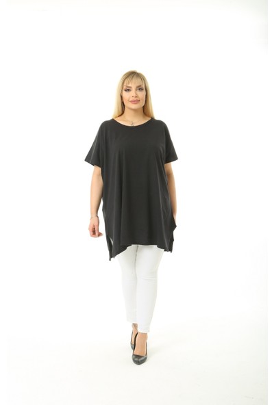 Kadın Büyük Beden Yandan Yırtmaçlı Pamuklu Kumaş Tunik