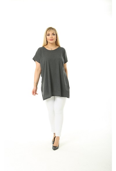 Kadın Büyük Beden Yandan Yırtmaçlı Pamuklu Kumaş Tunik