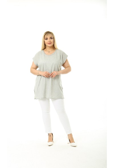 Kadın Büyük Beden Yandan Yırtmaçlı Pamuklu Kumaş Tunik