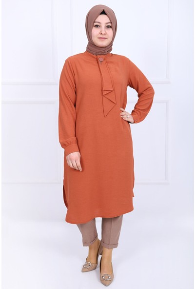 Kombinal Soğan Fular Detaylı Yanlardan Yırtmaçlı Büyük Beden Tunik- 780