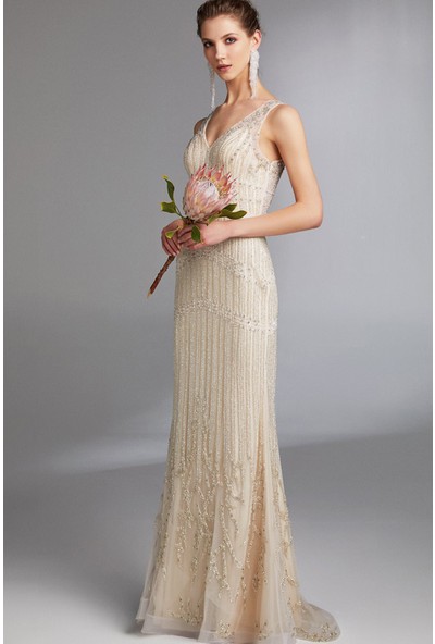 Tiara Kadın Taş Işlemeli V Yaka Abiye Elbise 5946123 Krem