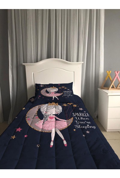 Halımarkt Lacivert Ayda Oturan Kız Tek Kişilik Dört Mevsim Nevresim Takımı