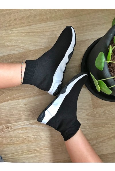 Kadın Siyah Beyaz Yüksek Taban Sneaker Spor Çorap Ayakkabı