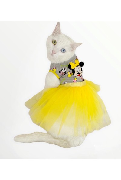 Kemique Sarı Sevimli Fare Tütülü Kedi Elbisesi, Kıyafeti Tutu