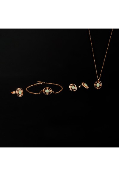 Ravza Gümüş 925 Ayar Gümüş Beyaz Kedi Gözü Taşlı Sultan 4'lü Takı Seti