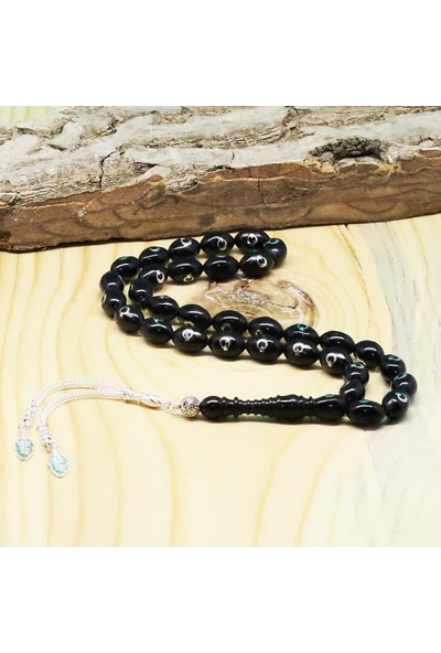 Tesbih Pasajı Ay Yıldız Işlemeli Siyah Toz Kehribar Tesbih