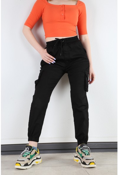 Kadın Siyah Beli Lastikli Kargo Cep Pantolon