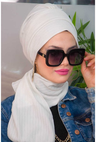 Aişe Tesettür Beyaz Çizgili Atkılı Bone - 40202