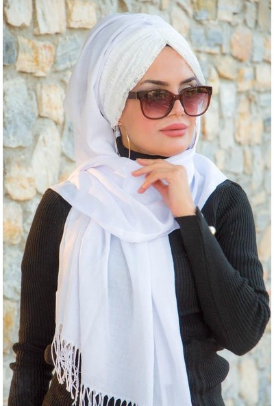 Aişe Tesettür Beyaz Büzgülü Hazır Şal - 50601