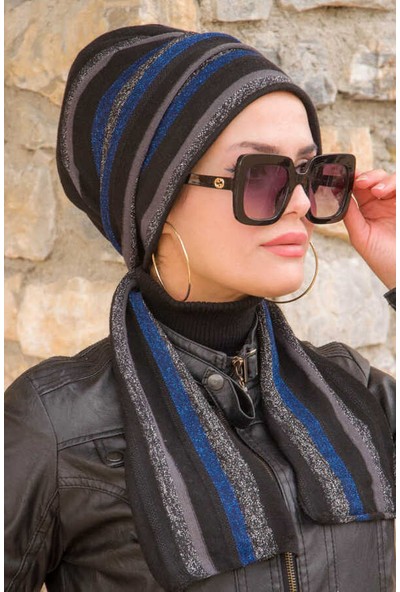 Aişe Tesettür Siyah Mavi Tesettür Atkılı Bone - 40200