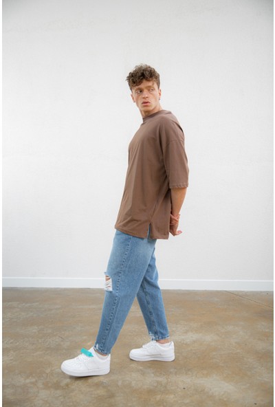 Boyfriend Kalıp Yırtık Kot Pantolon Mavi