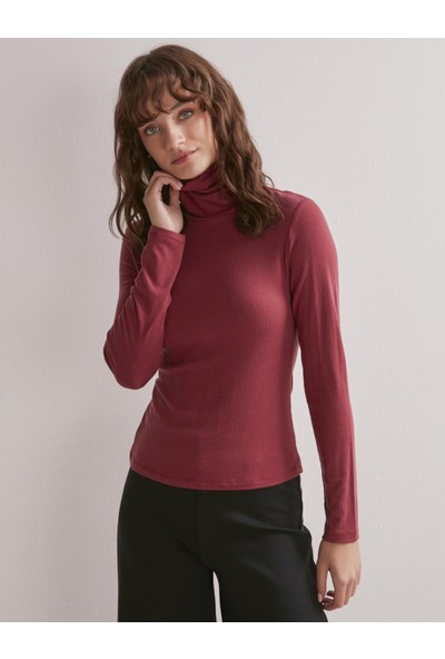 Kadın Bordo Dar Kesim Uzun Kollu Balıkçı Yaka Bluz