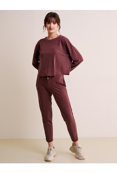 Kadın Kahverengi Düz Kesim Beli Lastikli Dar Paça Rahat Örme Pantolon