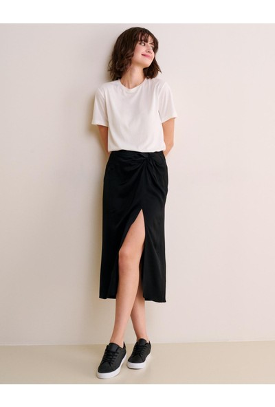 Jimmy Key Kadın Siyah Yüksek Bel Önden Yırtmaçlı Beli Büzgülü Saten Etek