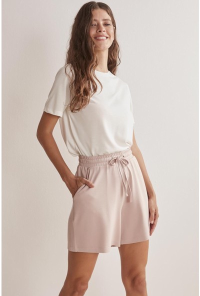 Jimmy Key Kadın Açık Pembe Bol Kesim Beli Bağlamalı Cepli Yüksek Bel Örme Şort
