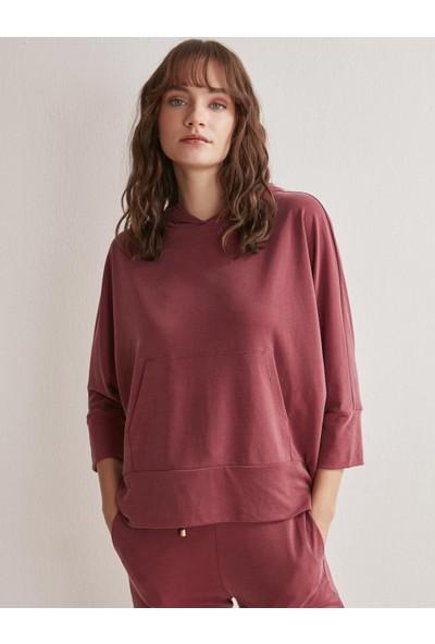 Jimmy Key Kadın Bordo Bol Kesim Truvakar Kol Kanguru Cepli Kapüşonlu Sweatshirt