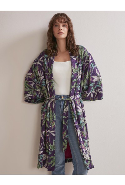Jimmy Key Kadın Mor Açık Yaka Truvakar Kol Tropikal Çiçek Desenli Kimono