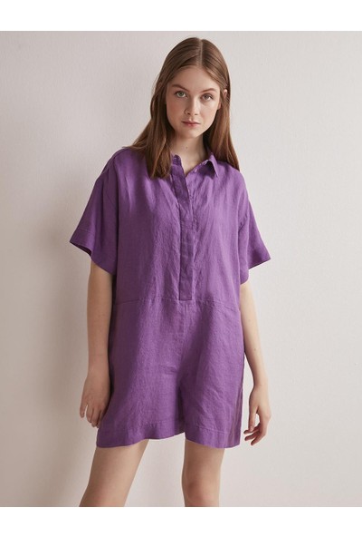 Jimmy Key Kadın Mor Gömlek Yaka Kısa Kolu Keten Tulum