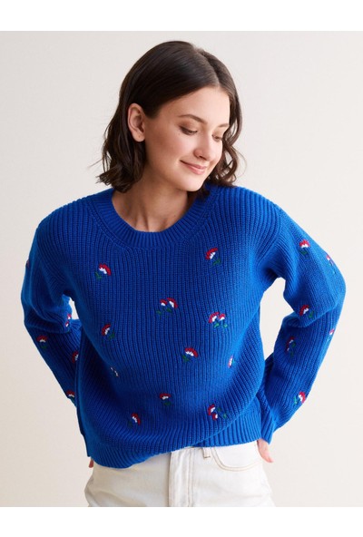 Jimmy Key Kadın Mavi Dar Kesim Bisiklet Yaka Çiçek Desenli Triko Kazak Jimmy Key Kadın Mavi Dar Kesim Bisiklet Yaka Çiçek Desenli Triko Kazak