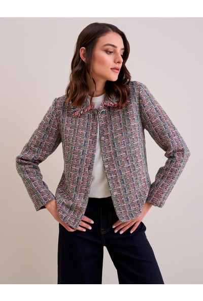 Jimmy Key Kadın Gri Düz Kesim Polo Yaka Desenli Ceket