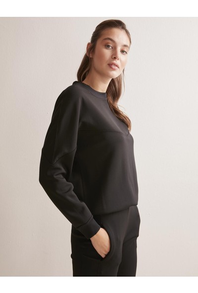 Jimmy Key Kadın Siyah Düz Kesim Bisiklet Yaka Rahat Beli Bağlamalı Sweatshirt