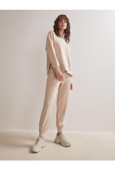 Jimmy Key Kadın Bej Yüksek Bel Beli Bağlamalı Ribanalı Jogger Pantolon
