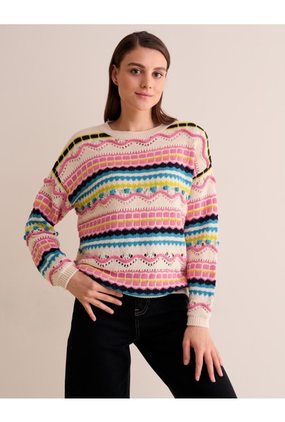 Jimmy Key Kadın Bej Bol Kesim Bisiklet Yaka Uzun Kollu Delikli Desenli Triko Kazak